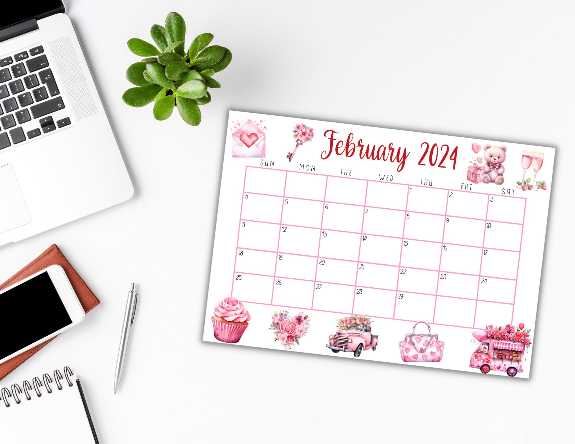 EDITABLE Printable February Calendar 2024 Adorable Vintage Valentine's ...