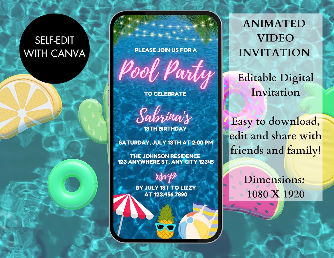 Animated Pool Party Birthday Invitation | Neon Pool Party Evite | Pool ...