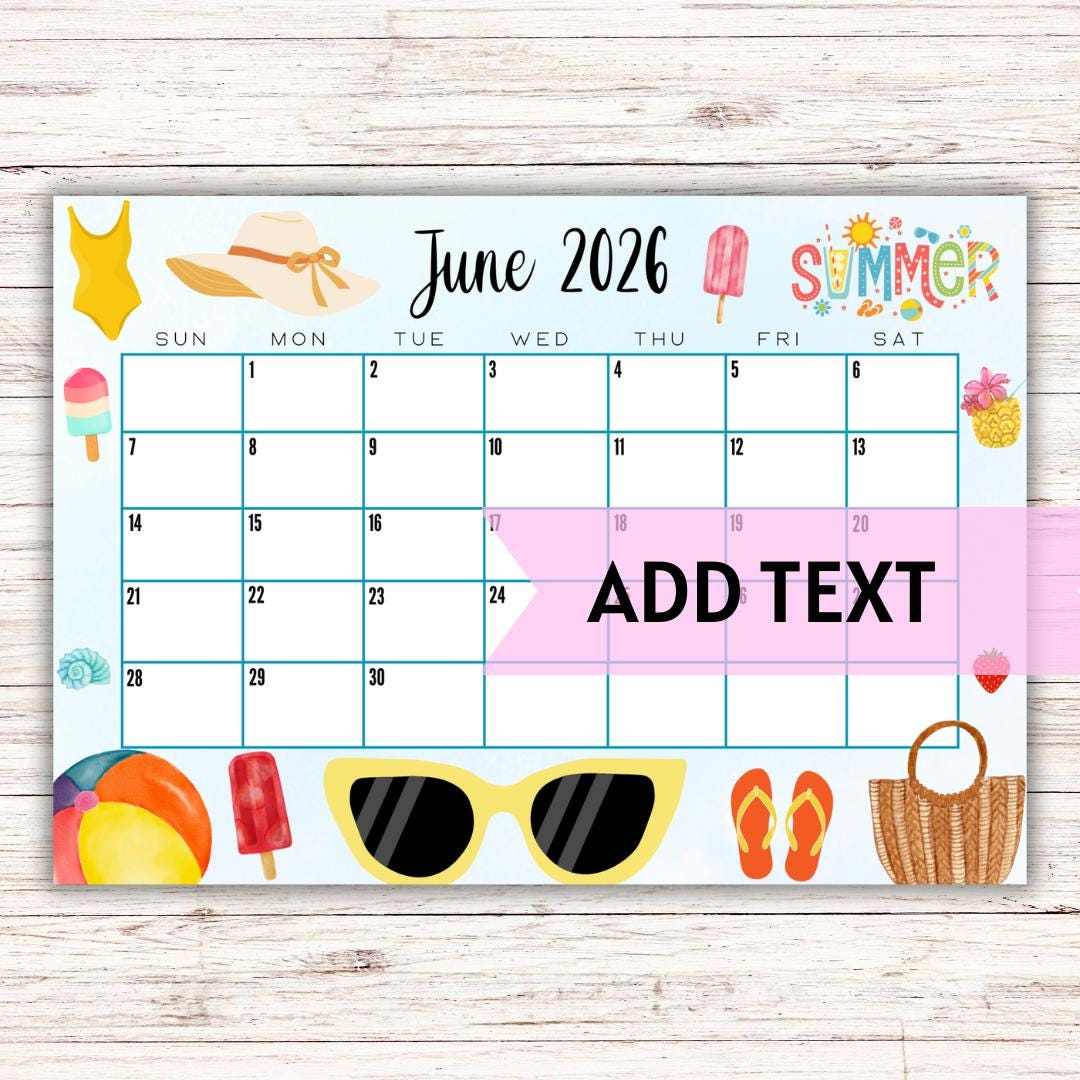 Editable June Calendar 2026 Cute June Calendar W Beach Bag