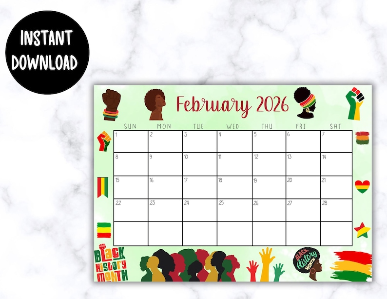 EDITABLE Printable February Calendar 2026 | Black History Month ...