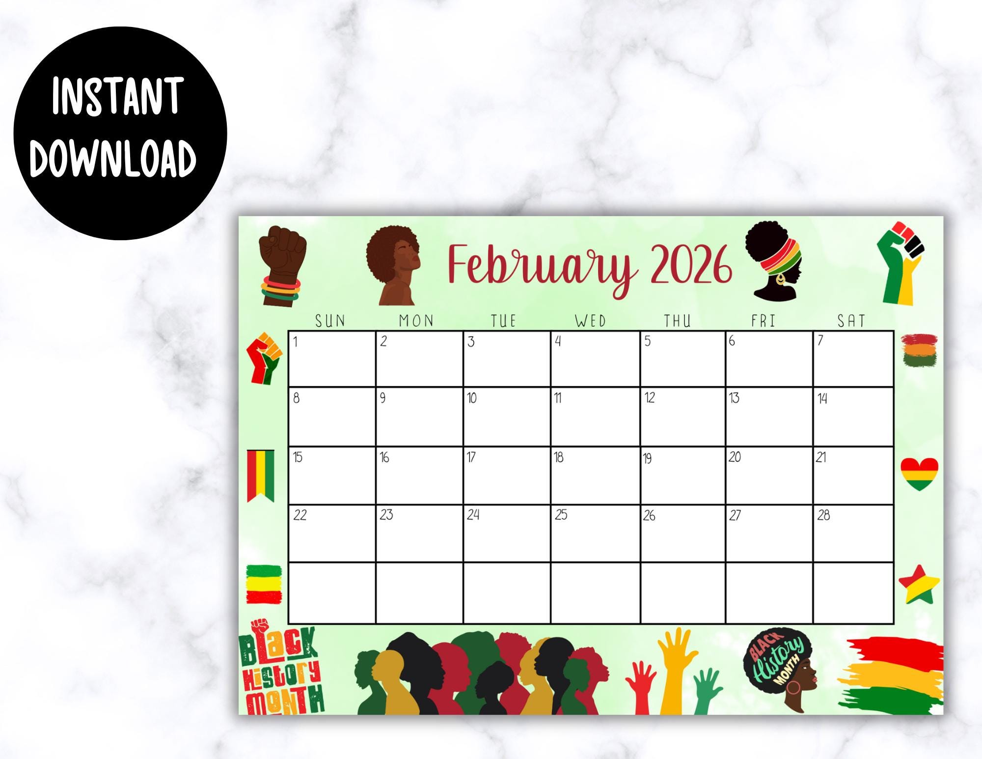 EDITABLE Printable February Calendar 2026 | Black History Month ...