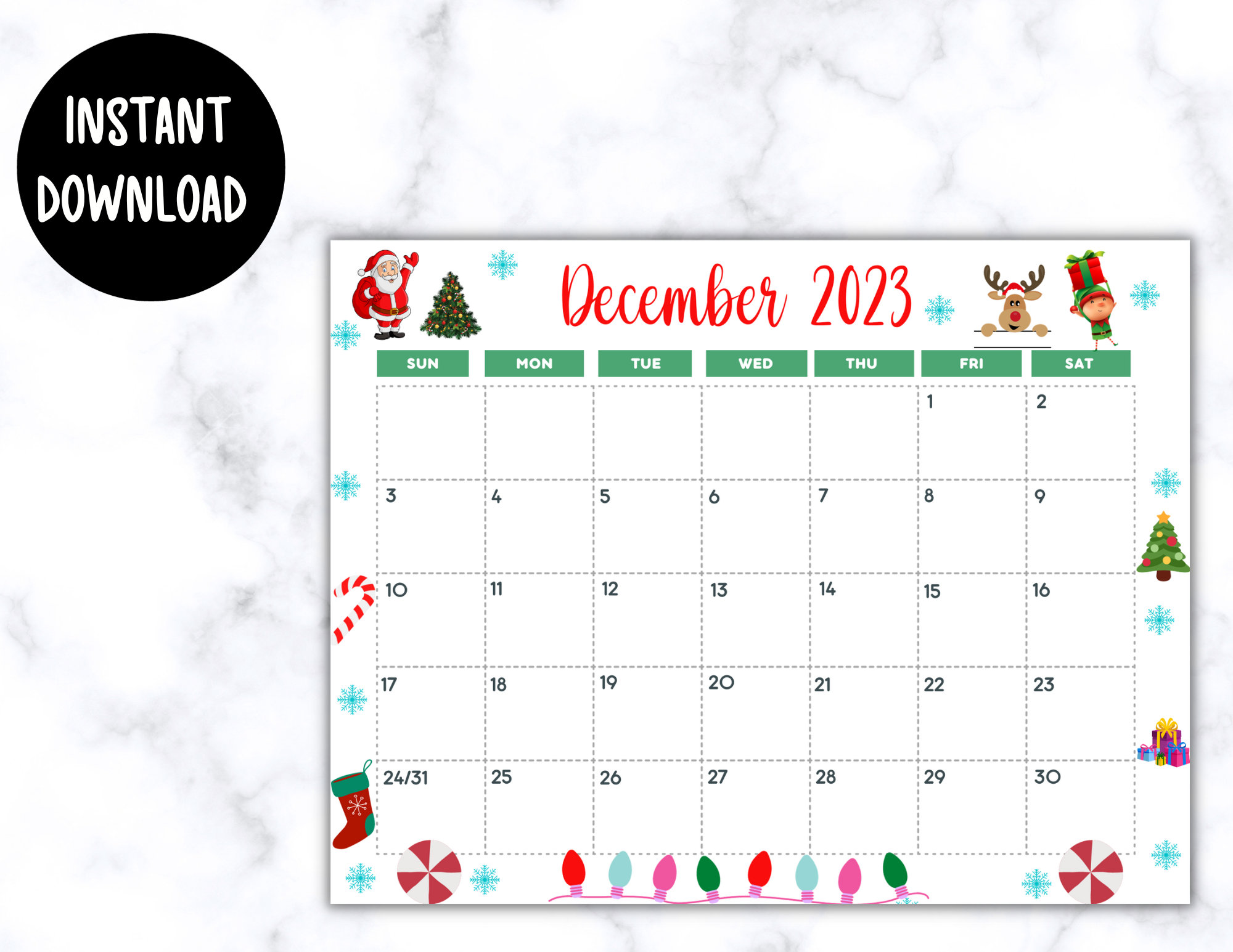 EDITABLE Printable December Calendar 2023 Christmas Calendar Holiday ...