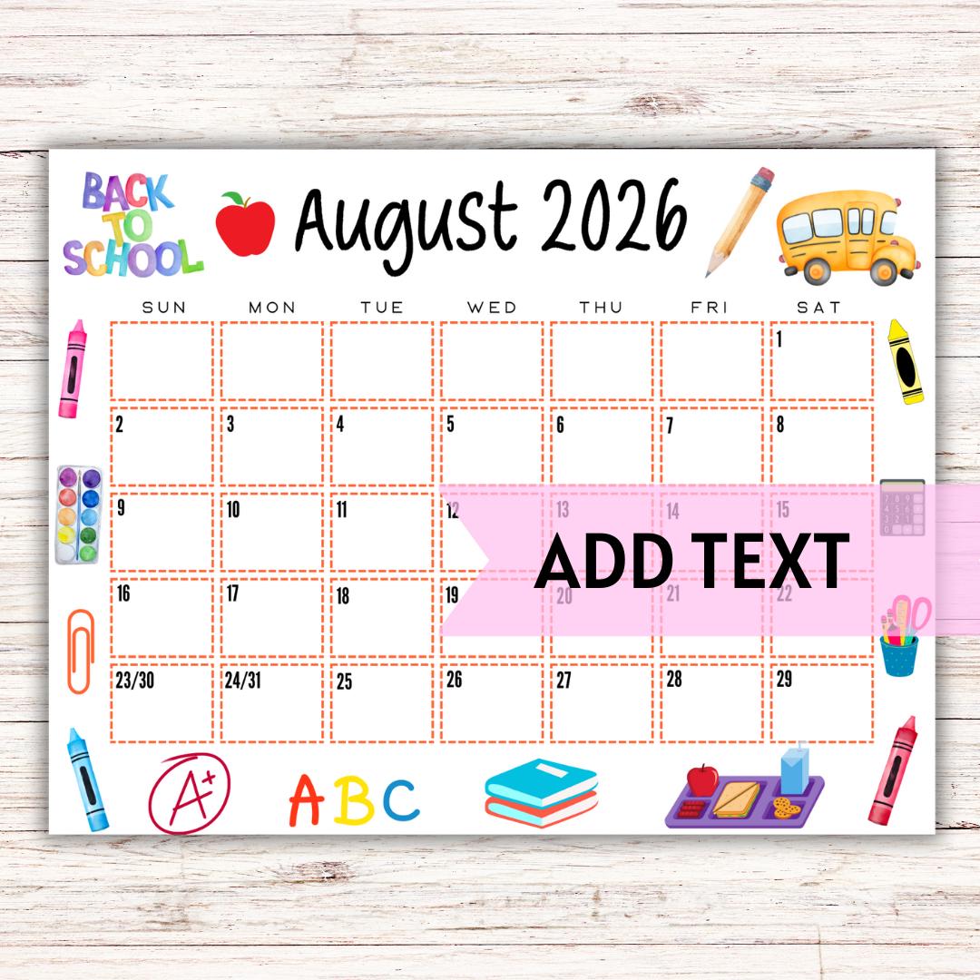 EDITABLE Printable August Calendar 2026 | Back to School Calendar ...