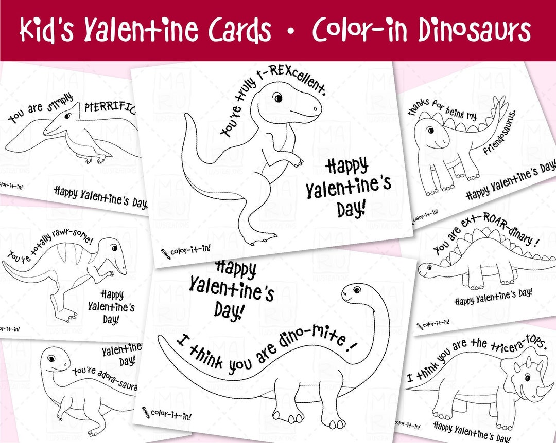 Color-in Dinosaur Valentines Cards Files Gender Neutral for - Etsy