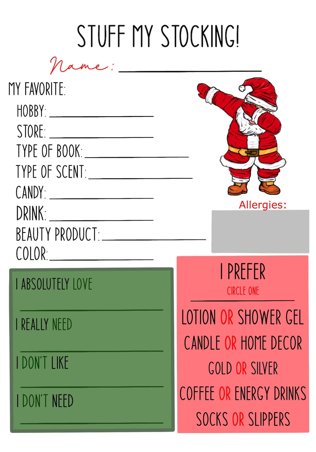 PNG digital Download Holiday Preference Sheet - Etsy