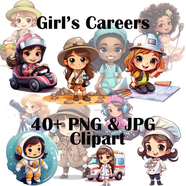 Girl's Career Clipart Bundle, 40+ Cartoon Style Jobs for Kids, JPG and ...