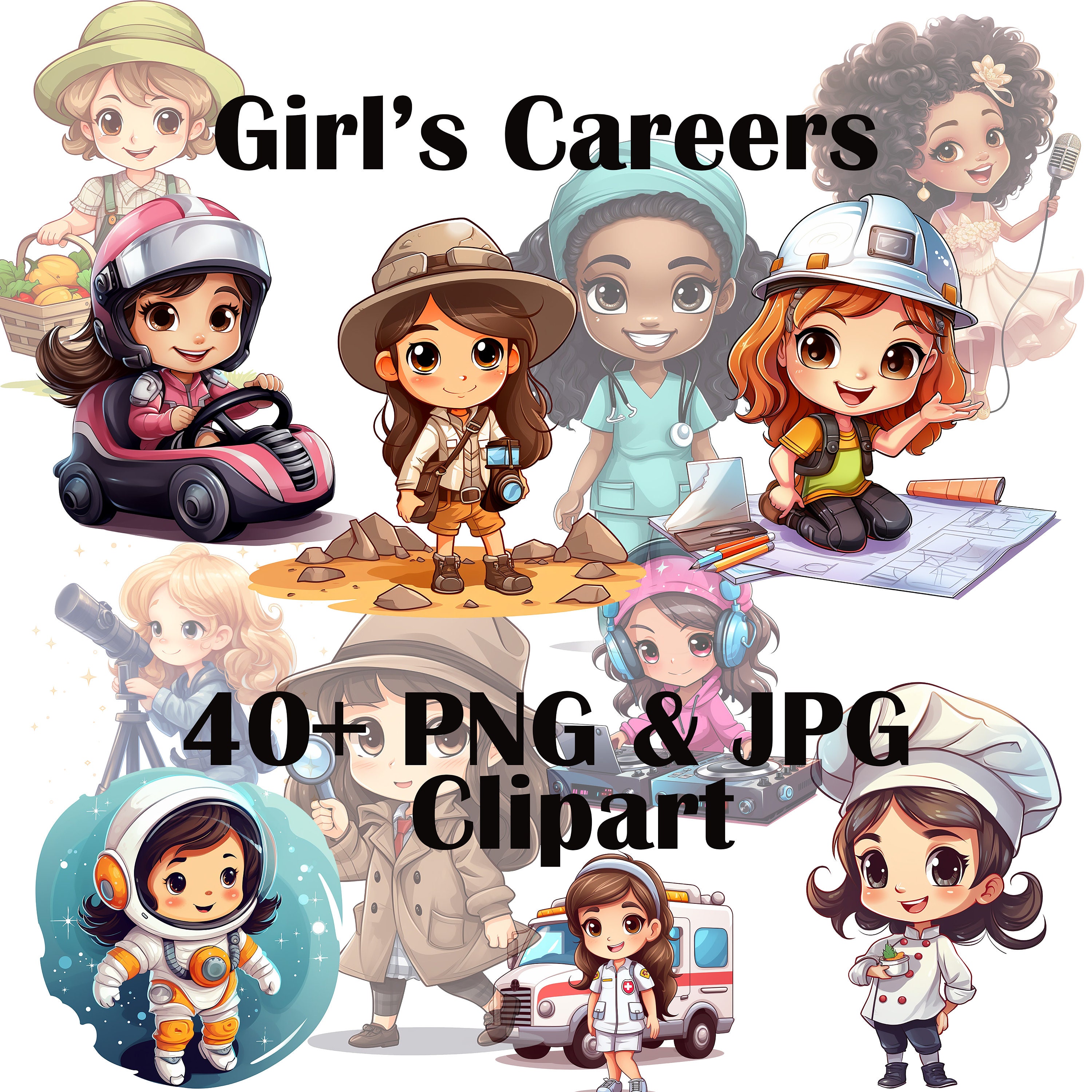 Girl's Career Clipart Bundle, 40+ Cartoon Style Jobs for Kids, JPG and ...
