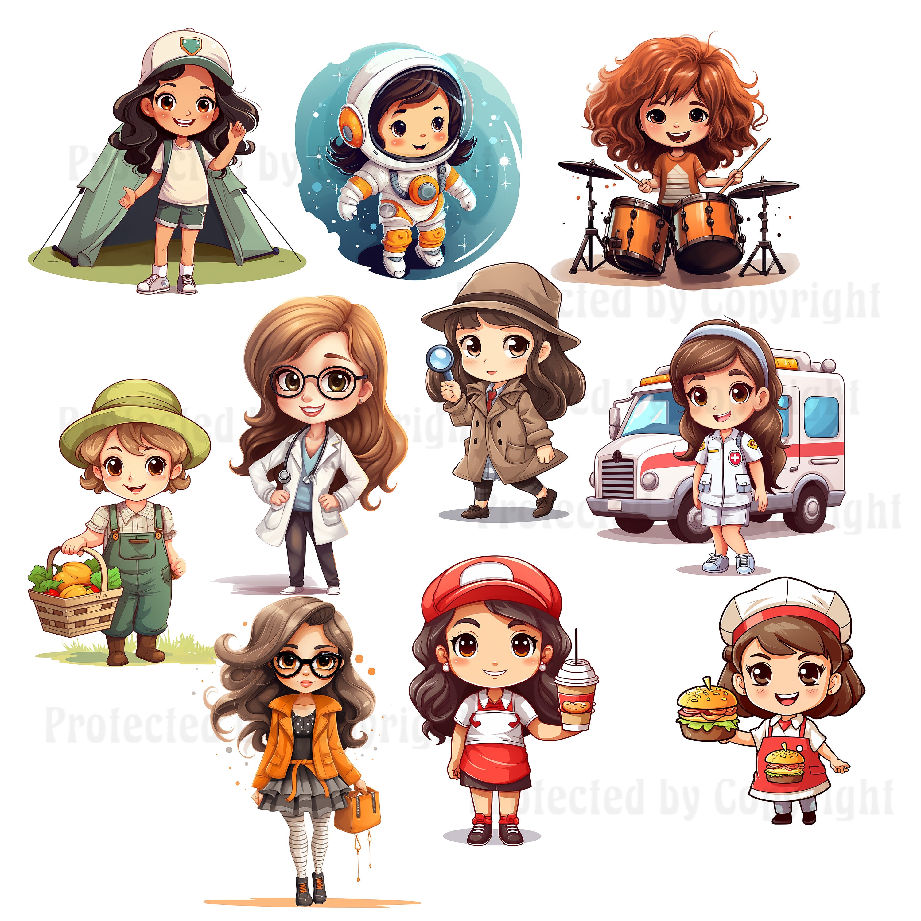 Girl's Career Clipart Bundle, 40+ Cartoon Style Jobs for Kids, JPG and ...