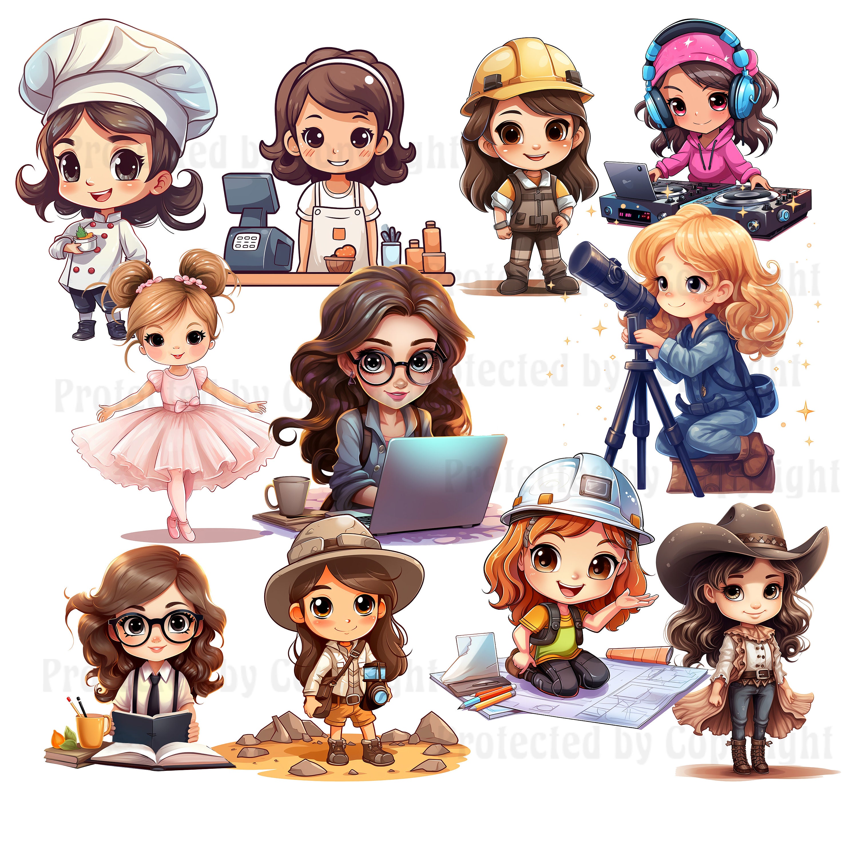 Girl's Career Clipart Bundle, 40+ Cartoon Style Jobs for Kids, JPG and ...