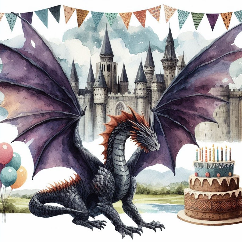 Dragon Happy Birthday Watercolor Image Files Realistic - Etsy