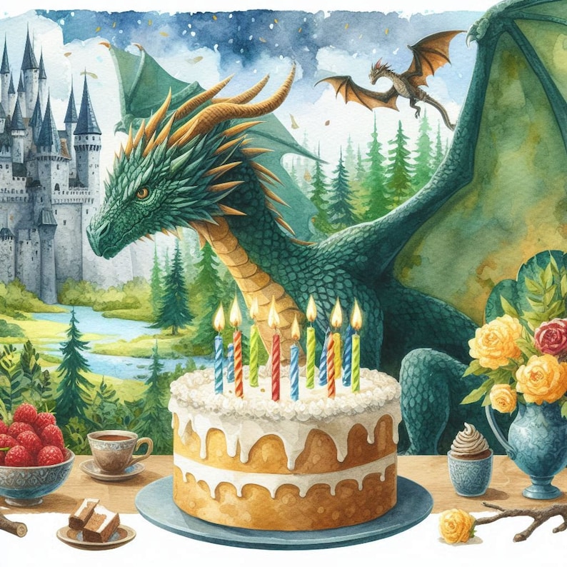 Dragon Happy Birthday Watercolor Image Files Realistic - Etsy