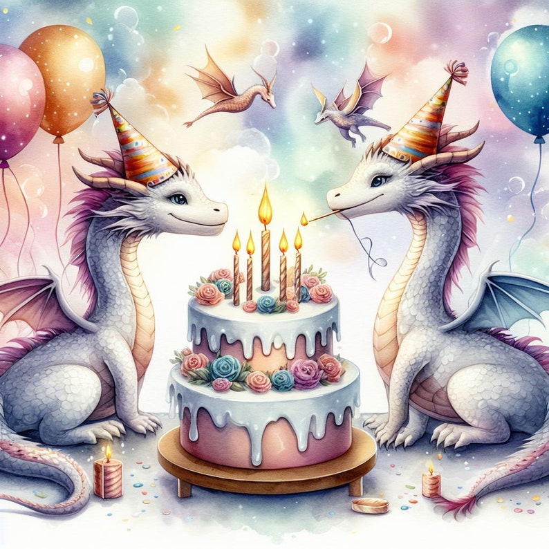 Dragon Happy Birthday Watercolor Image Files - Etsy