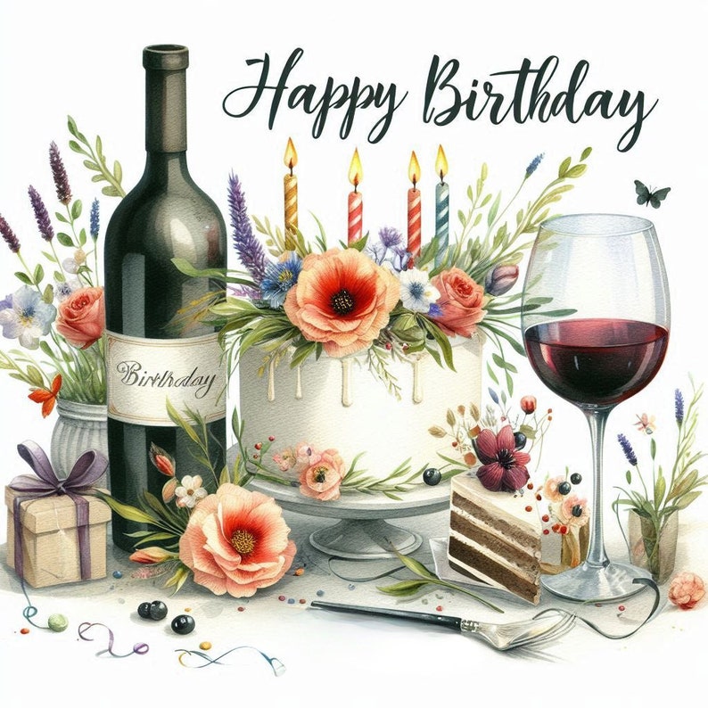 Wine and Cake Birthday Image Files - Etsy