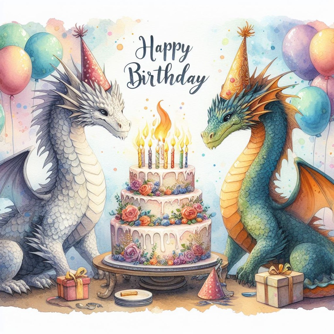 Dragon Happy Birthday Watercolor Image Files - Etsy