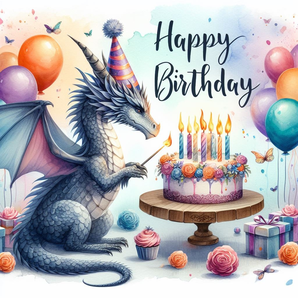 Dragon Happy Birthday Watercolor Image Files - Etsy
