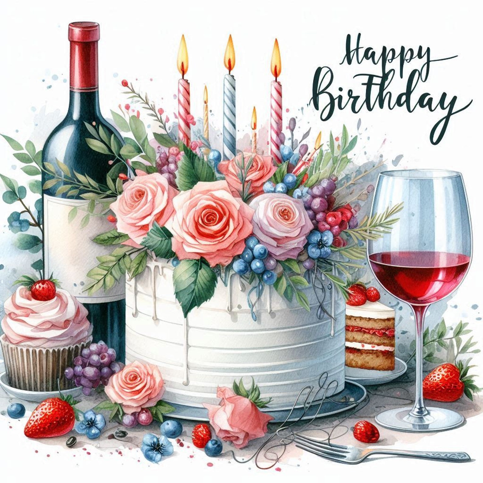 Wine and Cake Birthday Image Files - Etsy
