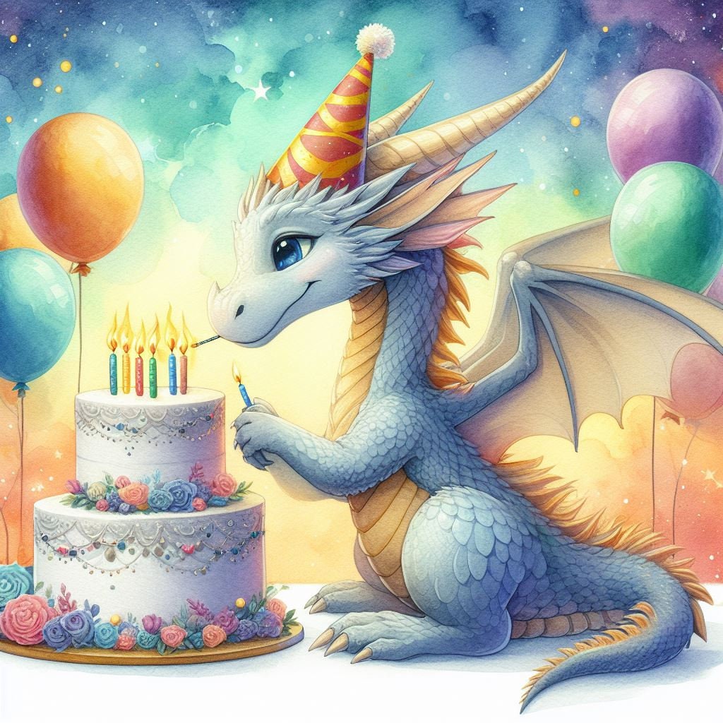Dragon Happy Birthday Watercolor Image Files - Etsy
