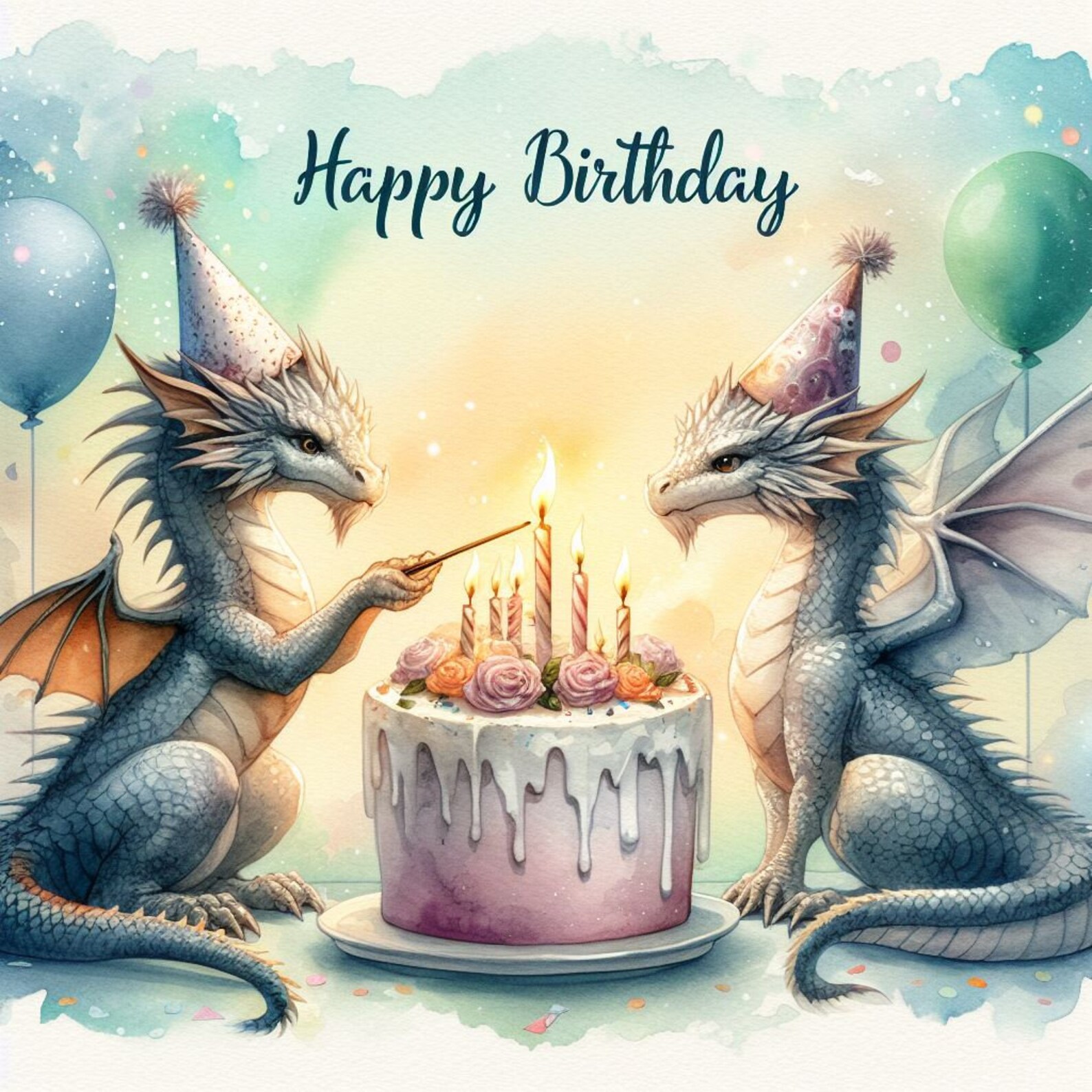 Dragon Happy Birthday Watercolor Image Files - Etsy