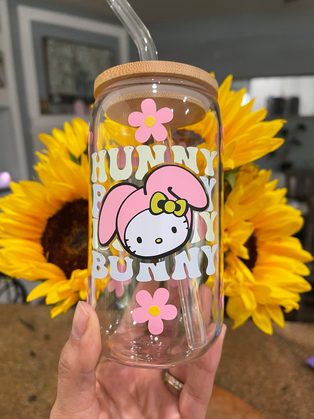 Easter Bunny Kitty Glass Cup Design With Bamboo Lid and Straw, Spring ...