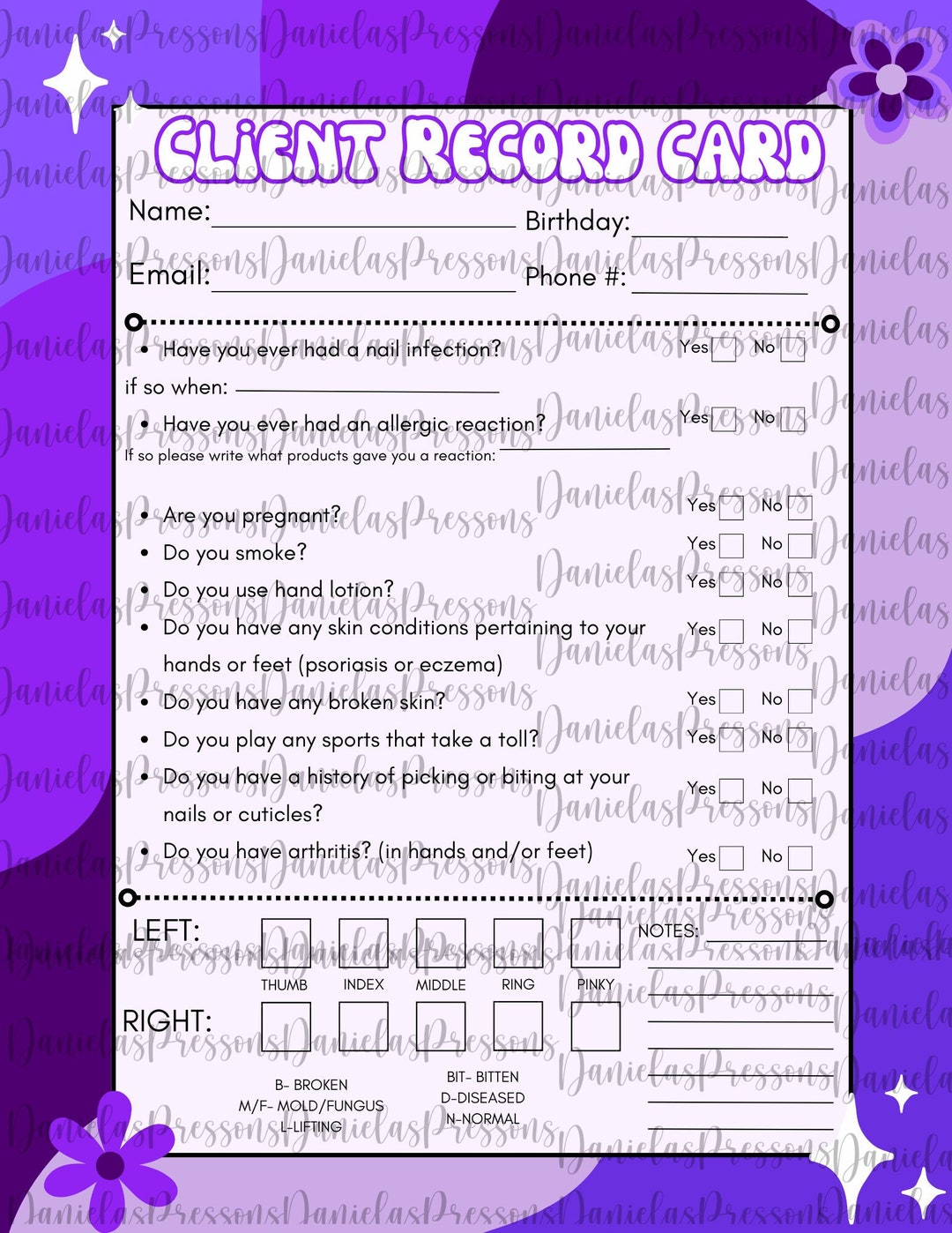 Purple Client Record Card / Product Tracker - Etsy