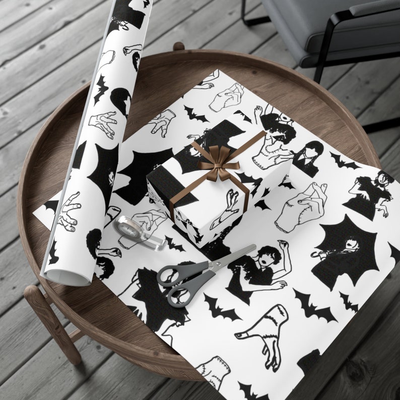 Wednesday Black and White Silhouette Birthday Party Wrapping Paper Gift ...