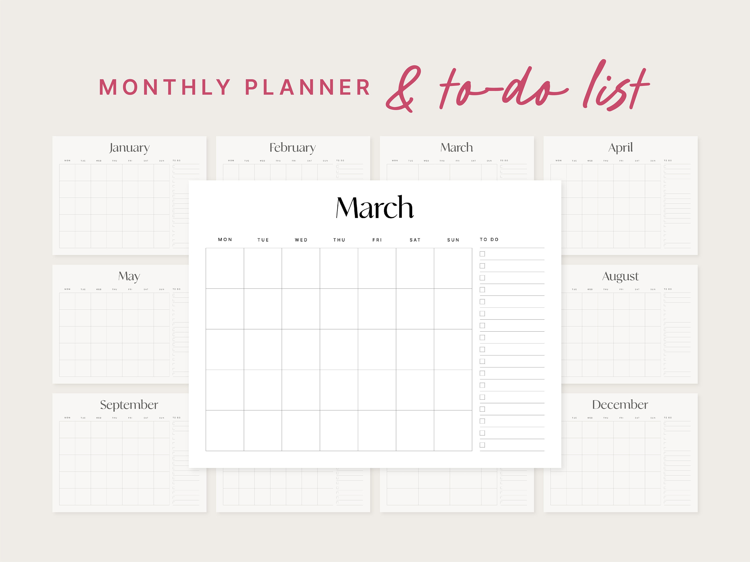 Printable Calendar Bundle, Undated Monday Start, With Notes and To-do ...