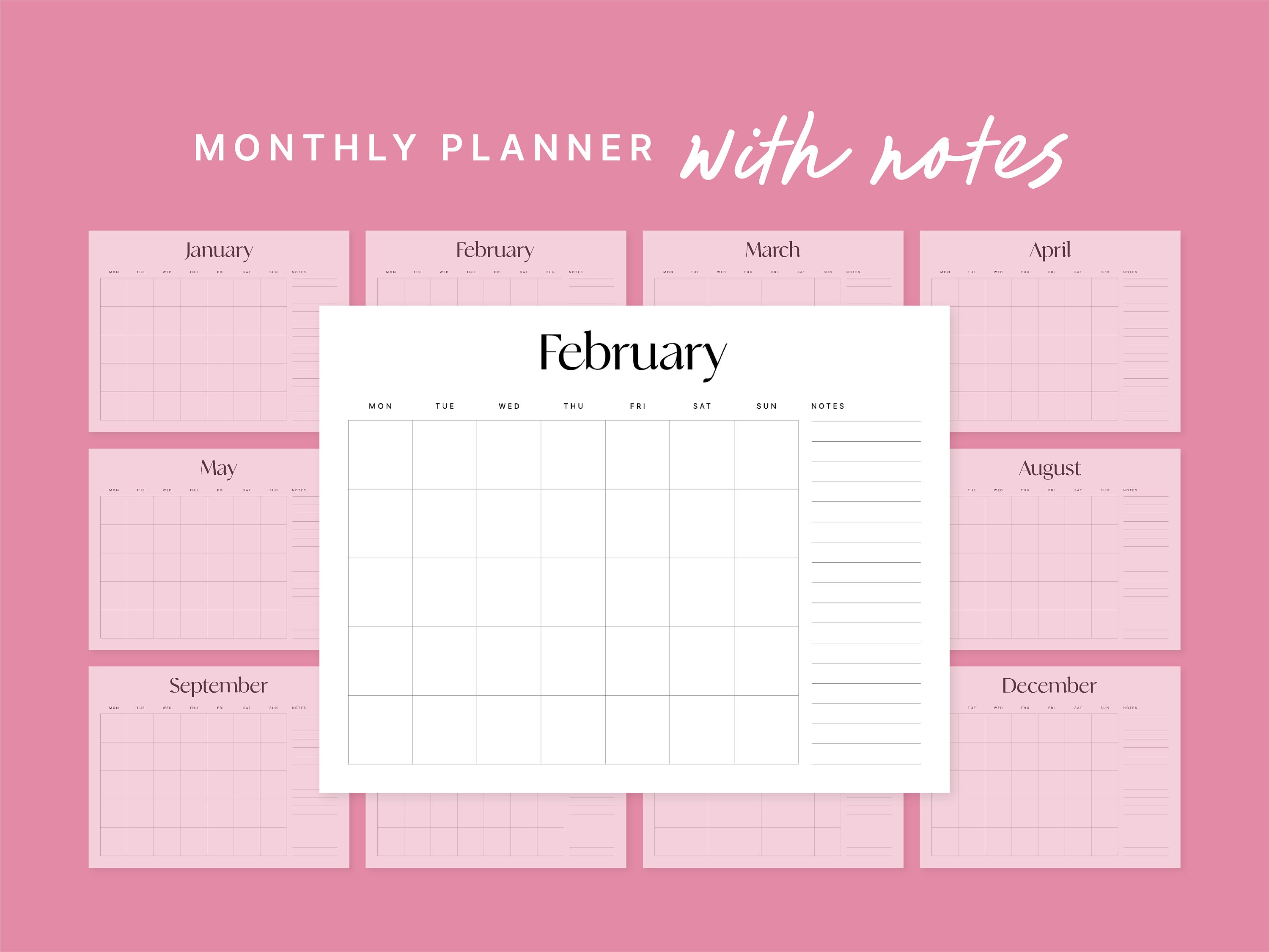 Printable Calendar Bundle, Undated Monday Start, With Notes and To-do ...