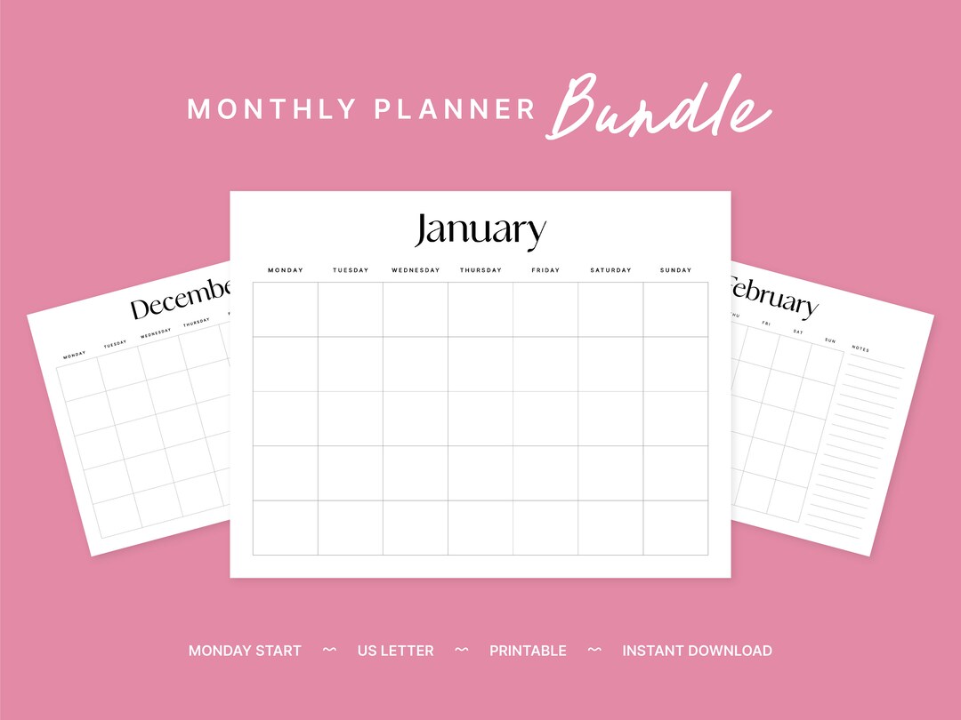 Printable Calendar Bundle, Undated Monday Start, With Notes and To-do ...
