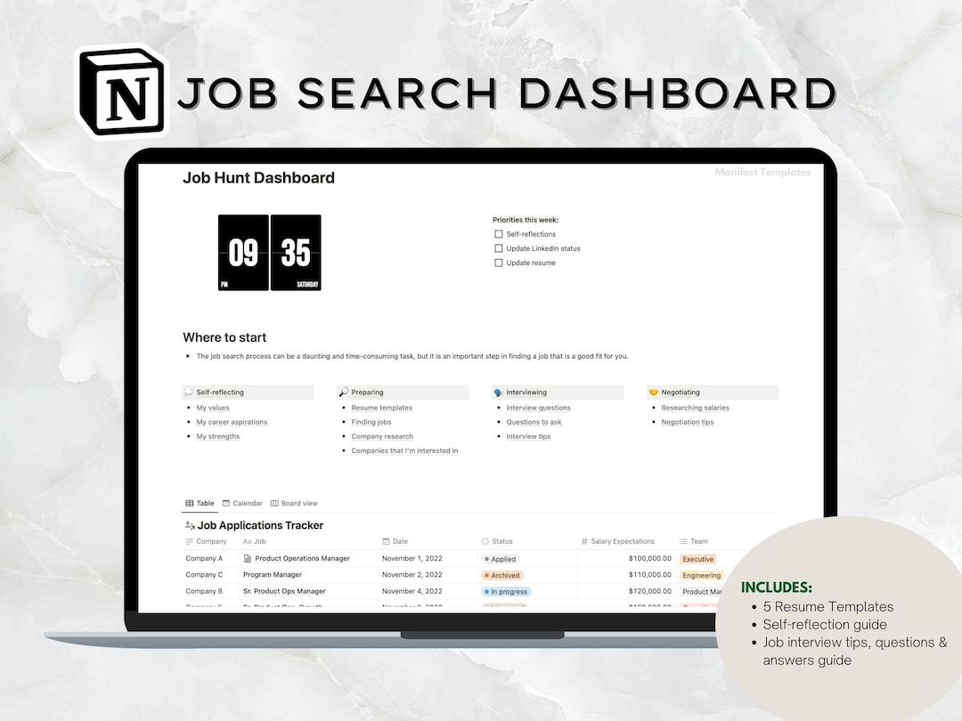 Job Search Dashboard Notion Template - Etsy