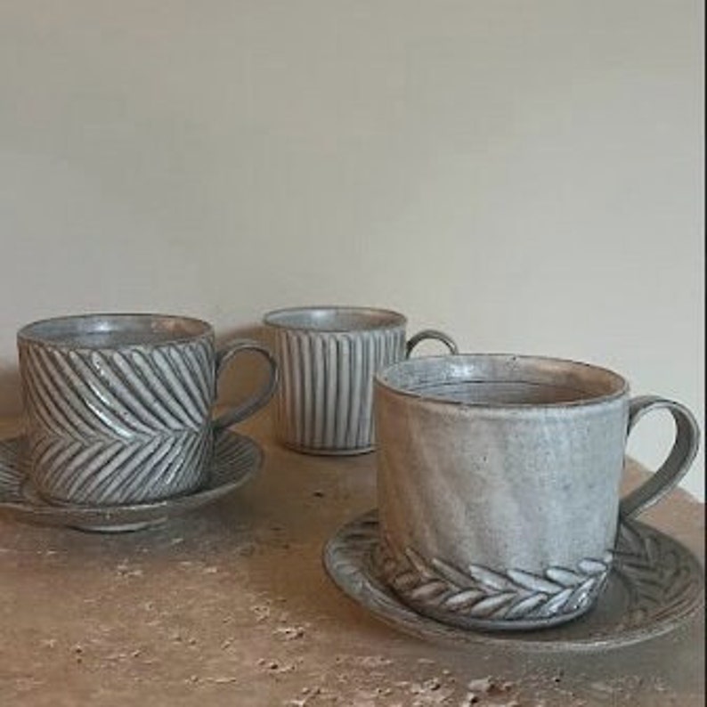 Handcraft Texture Coffee Mug With Plate | Handmade Gift | Stoneware ...