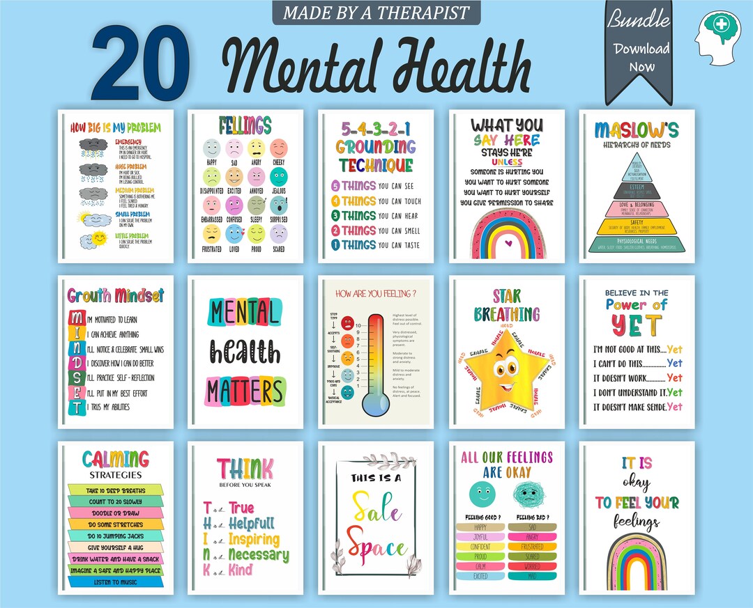 20 Calm Down Corner Mental Health Feelings Chart Psych Gifts Set Door ...