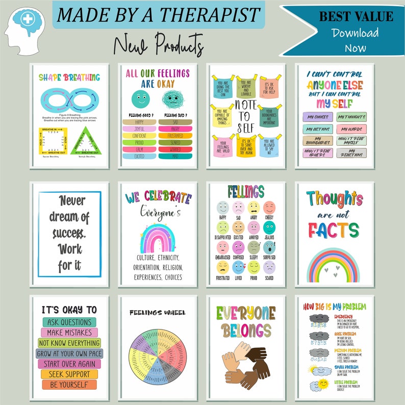 60 Psych Emotion Chart Mental Health Posters Calm Corner Printable ...
