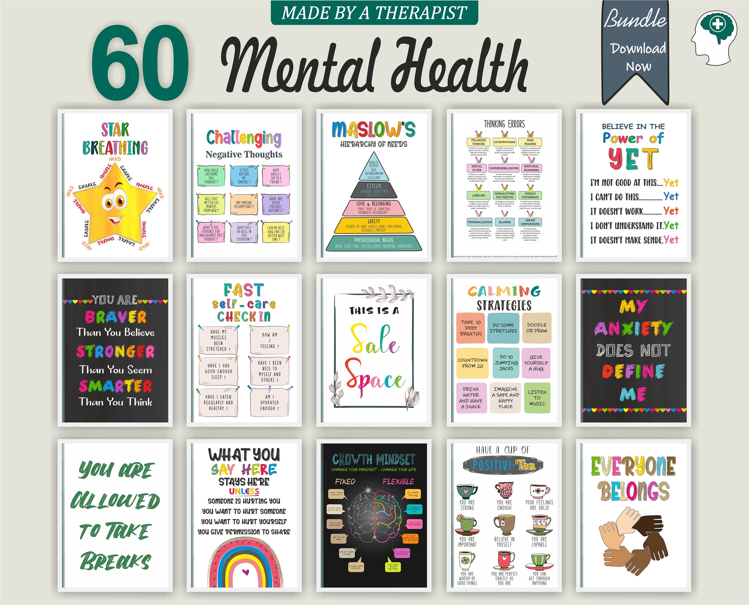 60 Calming Corner Posters, CBT Classroom Posters Decor Bundle, Feelings ...