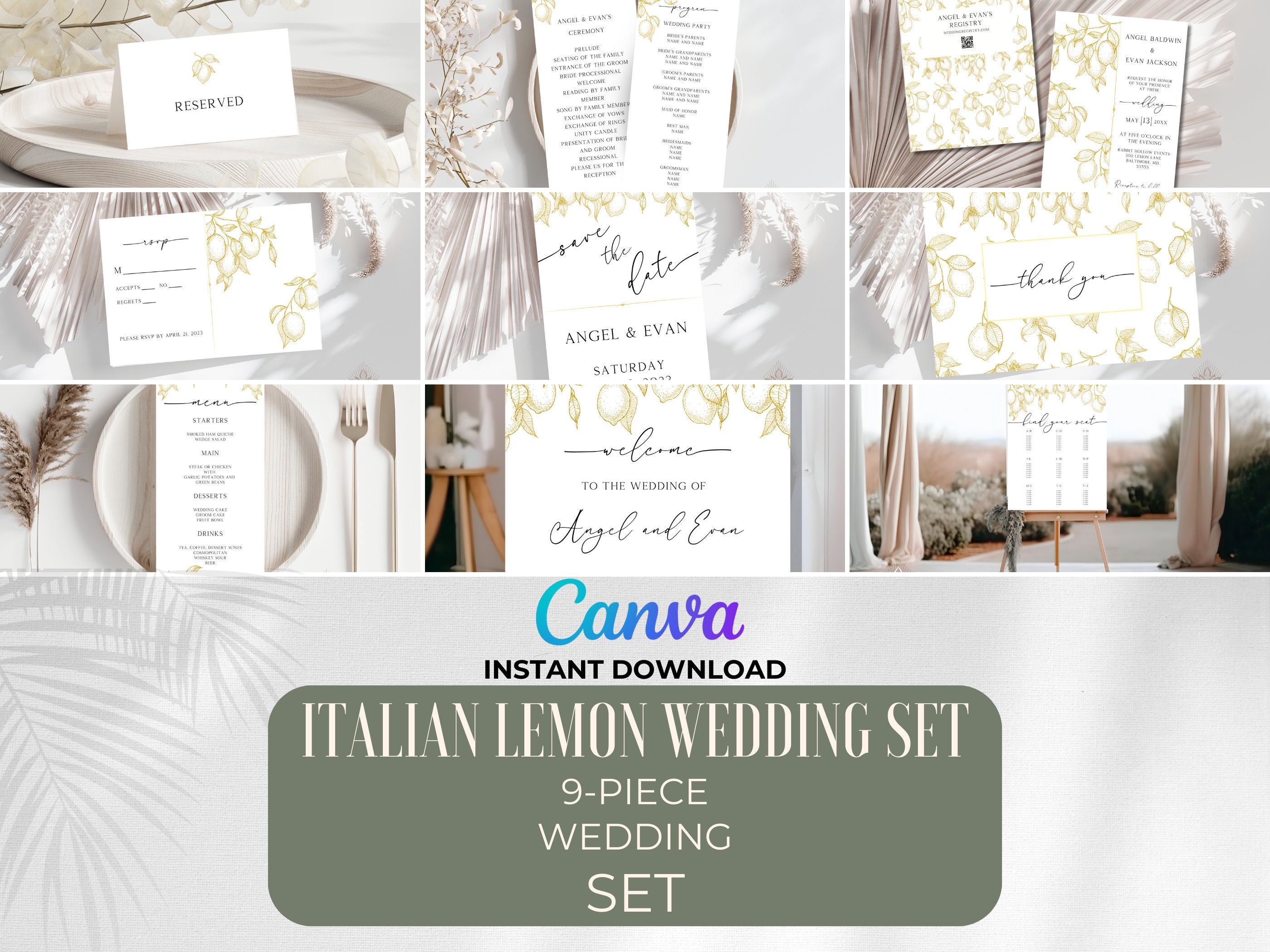 Lemon Themed Wedding Bundle, Printable Budget Wedding Invitation Set ...