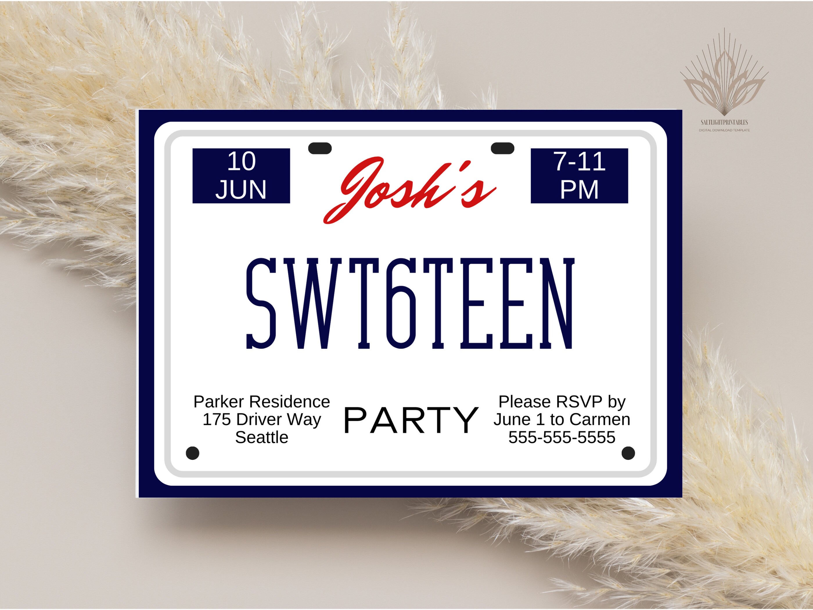 Boy's License Plate Printable 16th Birthday Invitation, Instant ...