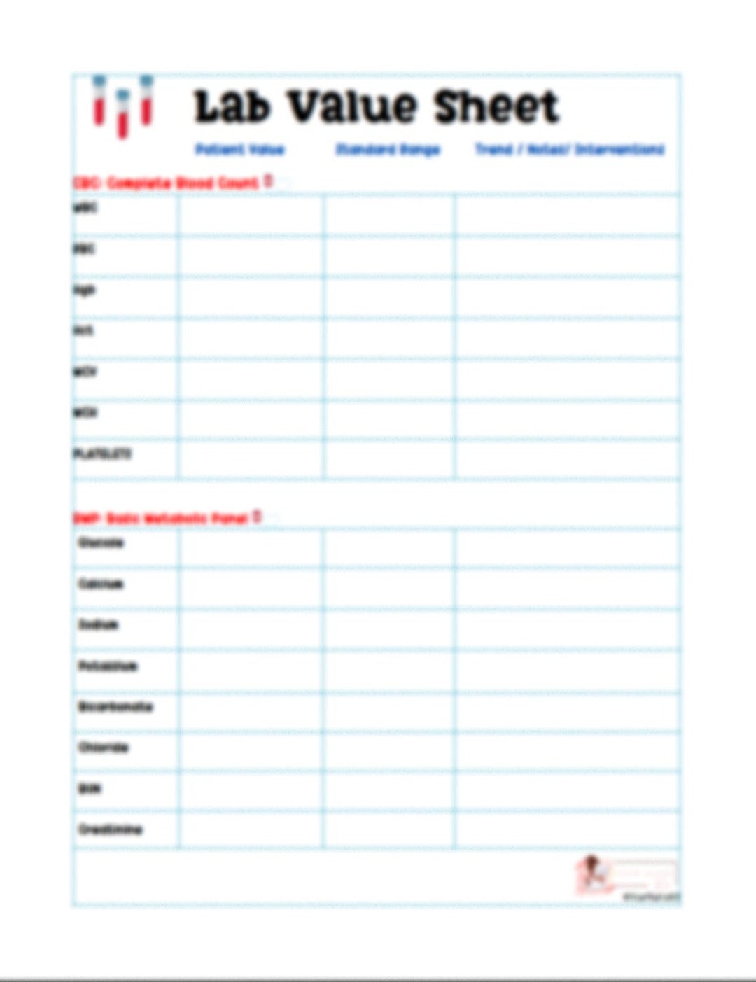 Lab Values Sheet - Etsy