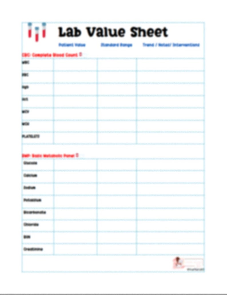 Lab Values Sheet - Etsy