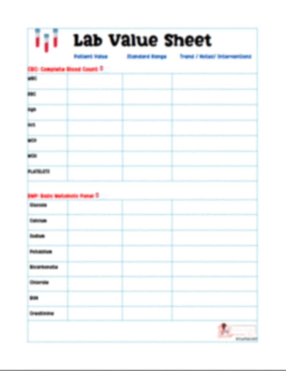 Lab Values Sheet - Etsy