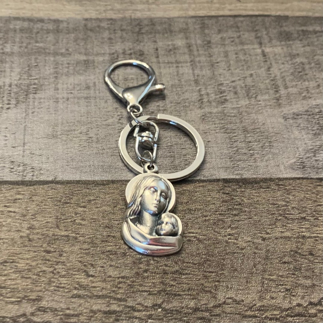 Silver Virgin Mary Catholic Keychain | Mary and Baby Jesus Keychain ...