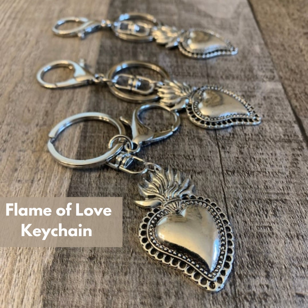 Flame of Love Keychain: Antiqued Silver Catholic Heart Charm - Etsy