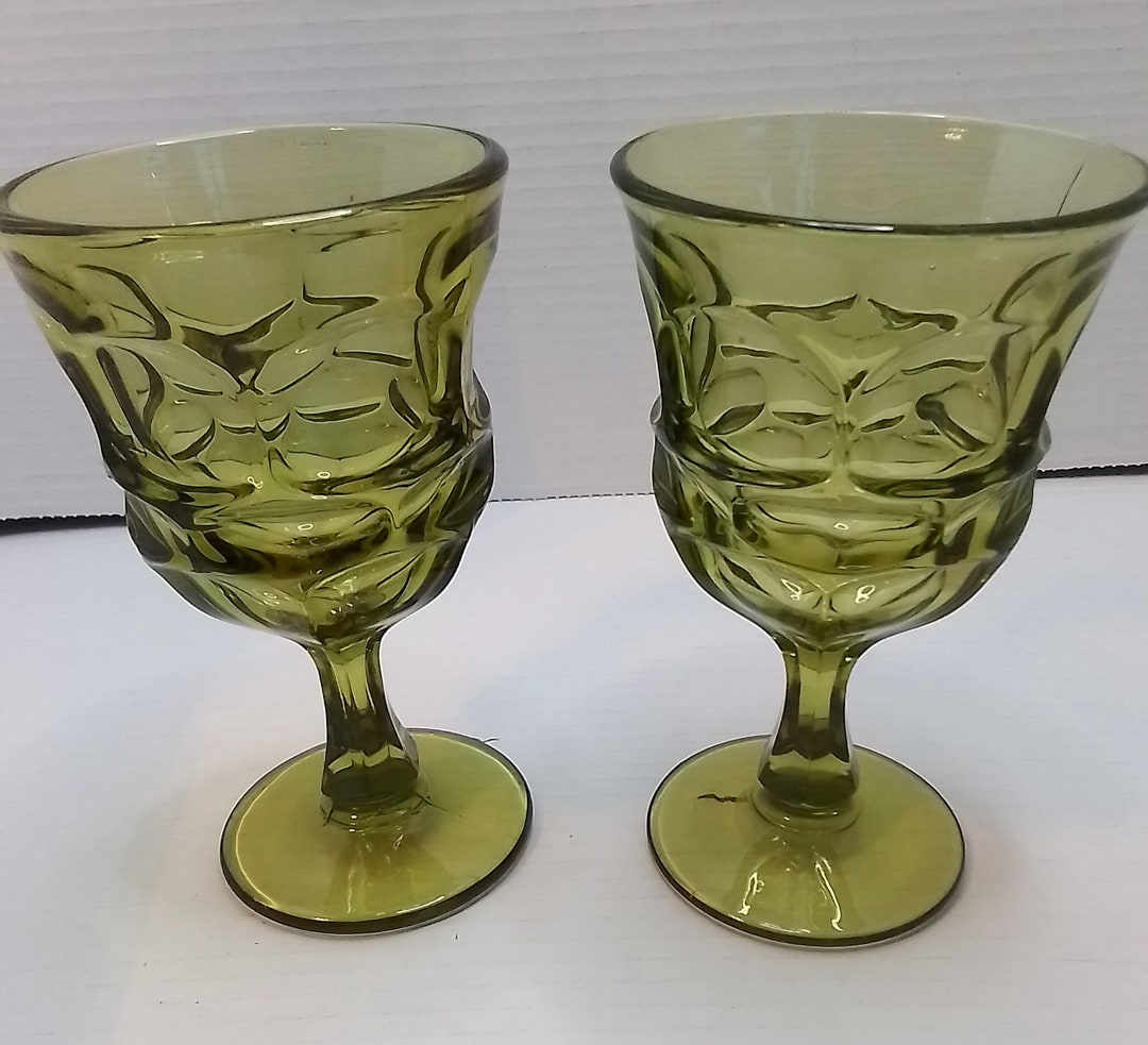 Fostoria Argus Green Pattern Wine Glass Vintage 6.5 Inch Tall. Set of 2 ...