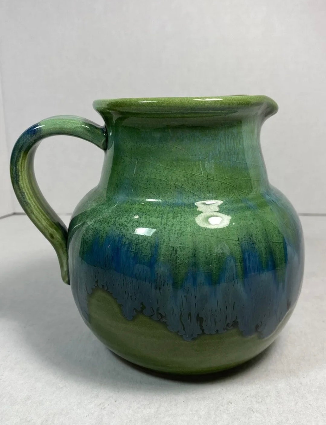 Mancer Italian Pottery Blue Green Drip Glaze Pitcher 5.25 " Handpainted ...