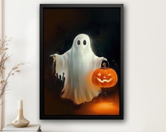 3x3 Hand Painted Halloween Ghost With Pumpkin Canvas Painting - Etsy