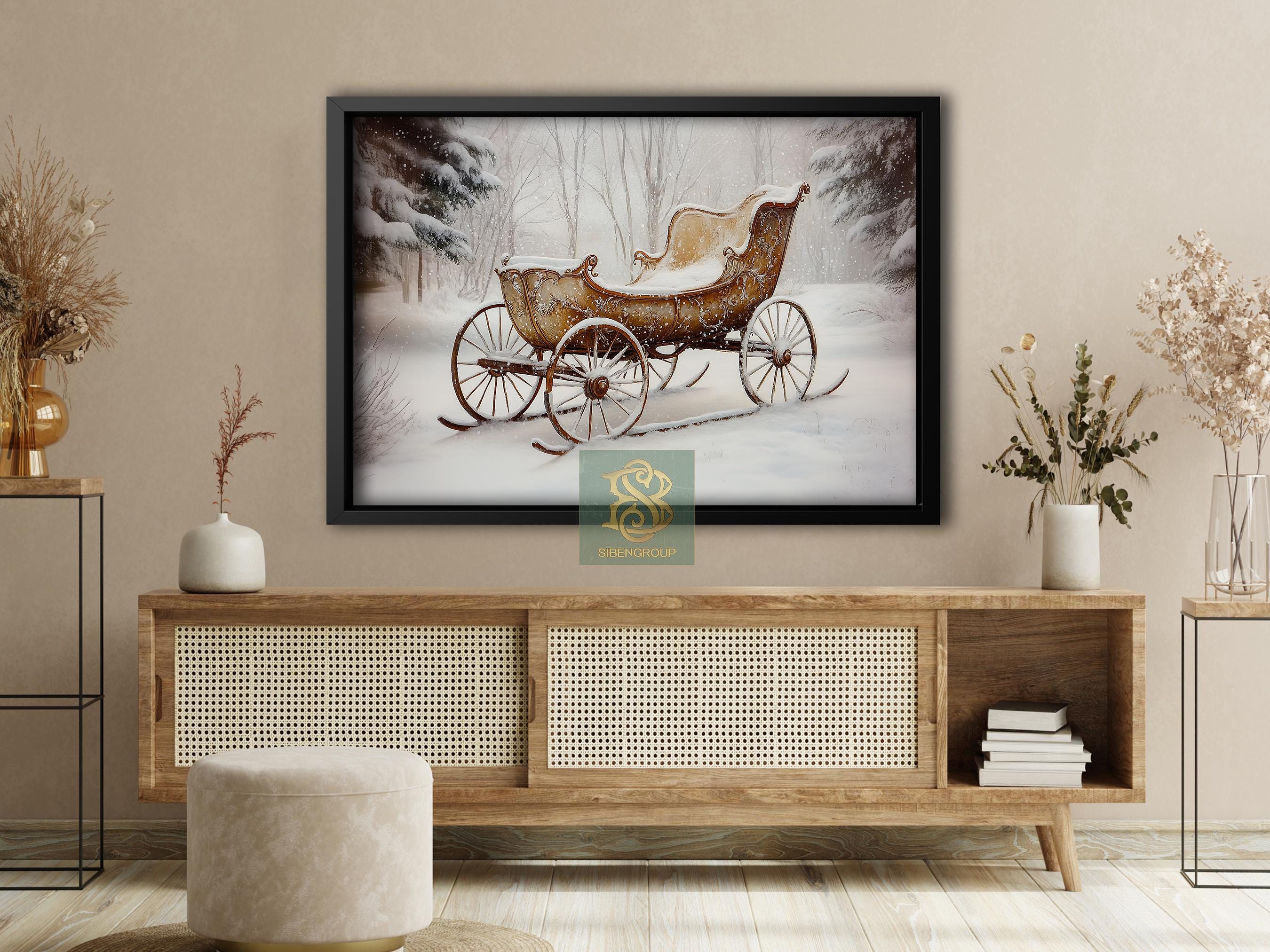 Vintage Santa's Sleight Canvas Print, Cottage Winter Poster, Snowy Wall ...
