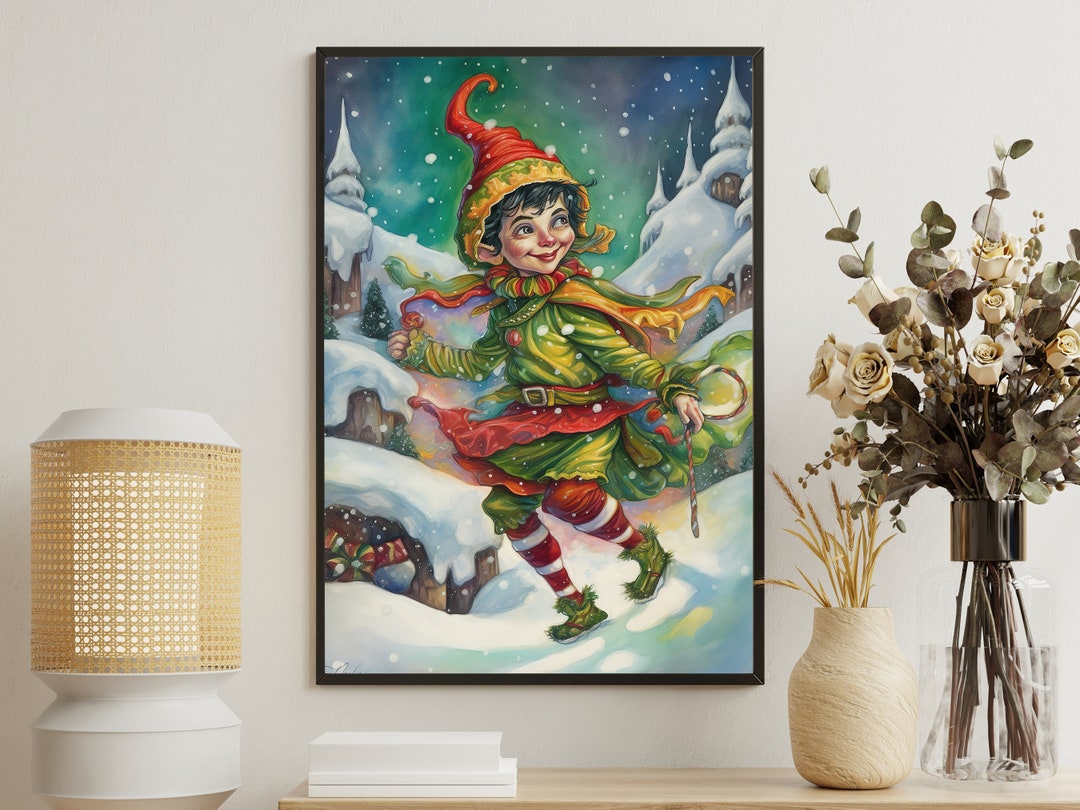 Whimsical Christmas Elf Painting Canvas Art Print Vintage Yuletide Elf ...