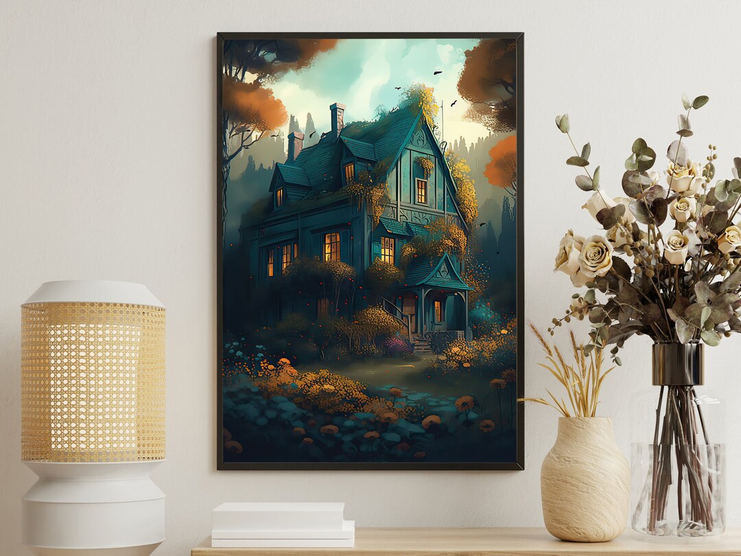 Mythical House Painting Canvas Art Print - Enchanted Cozy House Poster ...