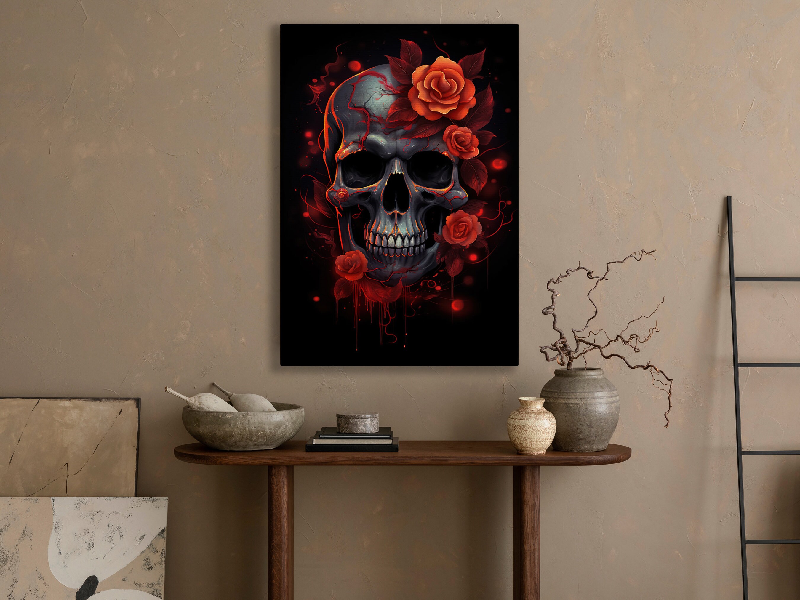 Dark Floral Skull Painting, Death Art Print, Skull Canvas Print, Gothic ...