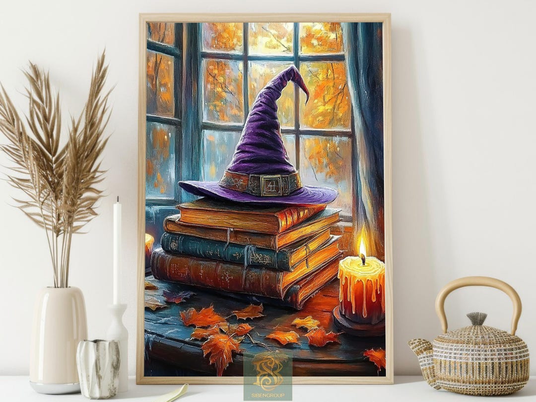 Witch Hat & Spell Books Canvas Print: Enchanted Halloween Wall Art - Etsy