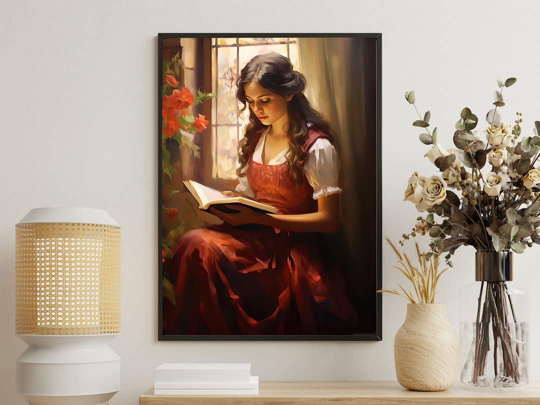 Romantic Woman Reading Book Painting, Young Woman Art Print, Beauty ...