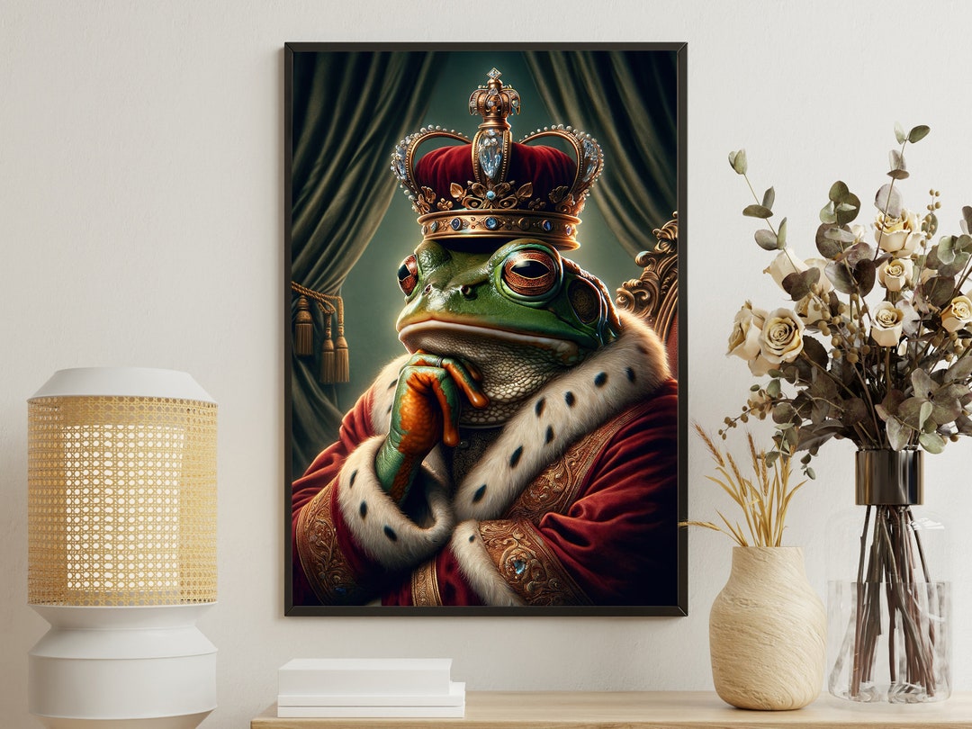 Vintage Frog King Painting, Retro Frog Art Print, Cottage Animal Canvas ...